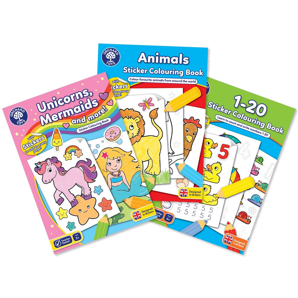 Unicorns, Mermaids and more! + 1-20 + Animals Sticker Colouring Books